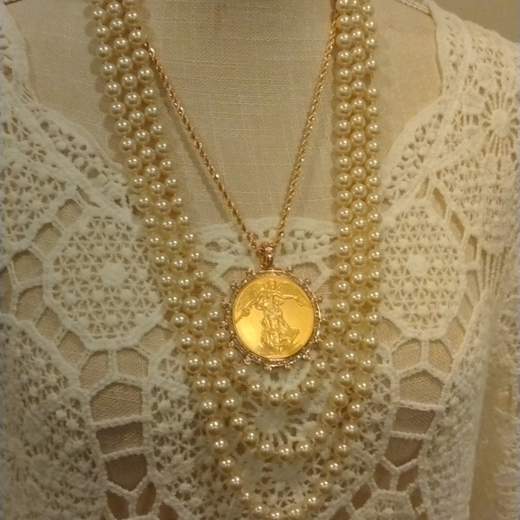 Jewelry | Lrg Gold Angel Coin 2 Custom Piece Medallion Wpearl Accents ...